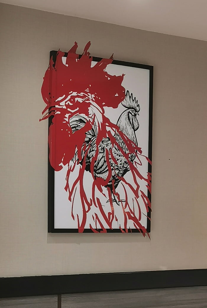 Blood splattered chicken seen in KFC. - 9GAG