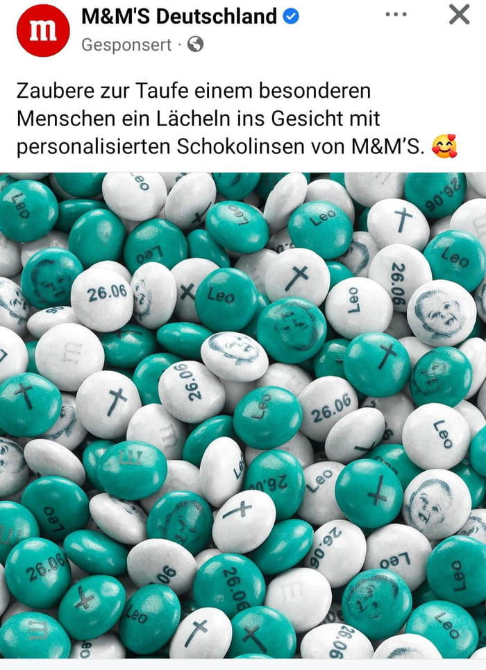 Ad by M&M'S for custom made M&M'S for a baptism looking like they were ...