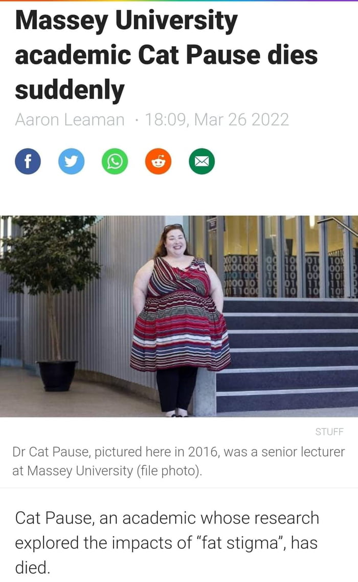 "The Massey University lecturer specialised in fat studies and body ...
