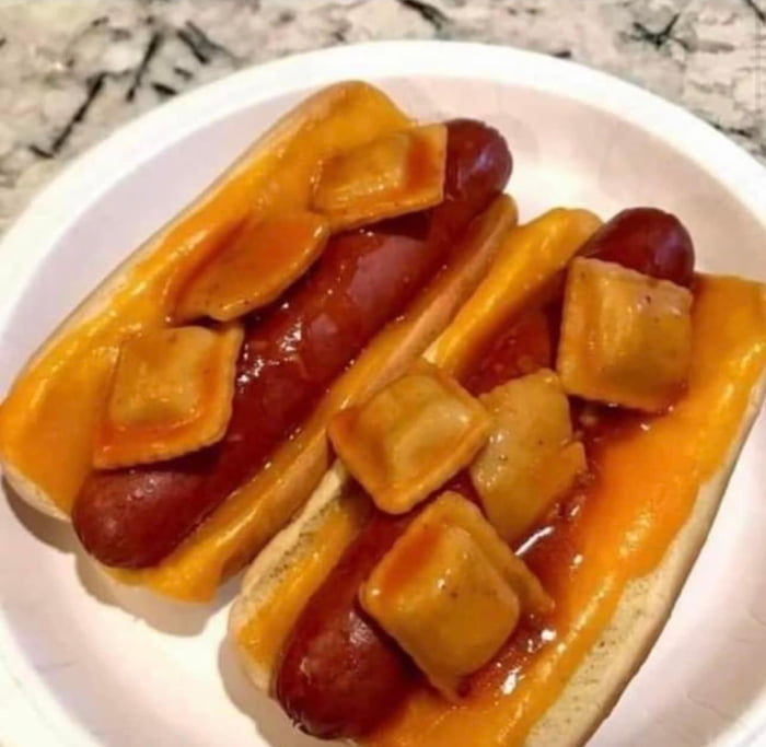Angus hot dogs covered in ravioli - 9GAG