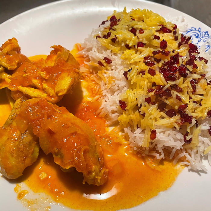 Zereshk polo. Persian tomato chicken stew and barberry rice - 9GAG