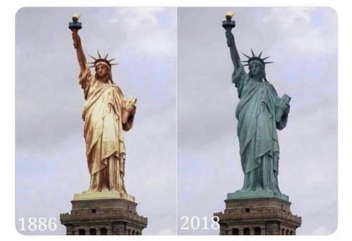 The Statue of Liberty copper-color shifted to green due to oxidization ...