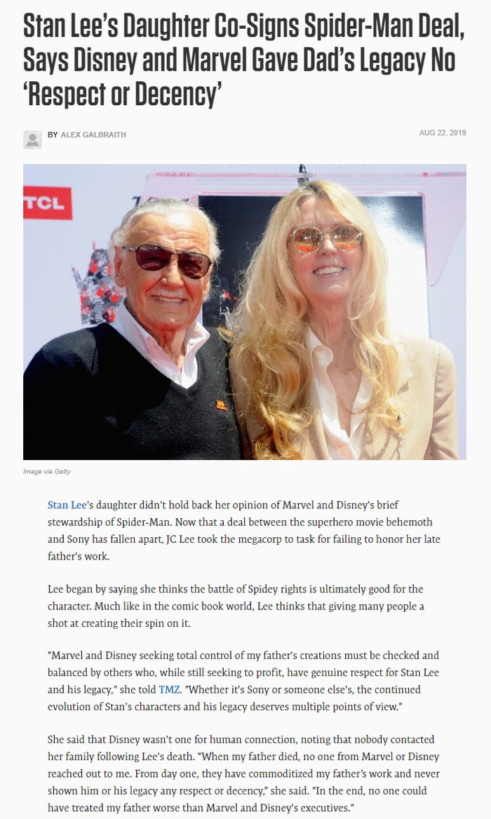 Stan Lees daughter defends Sony: "In the end, no one could have treated ...