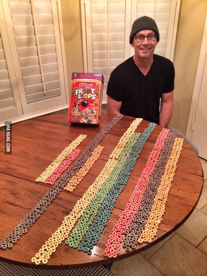 1,546 Fruit Loops. 396 purple, 318 yellow, 240 red, 225 orange, 204 ...