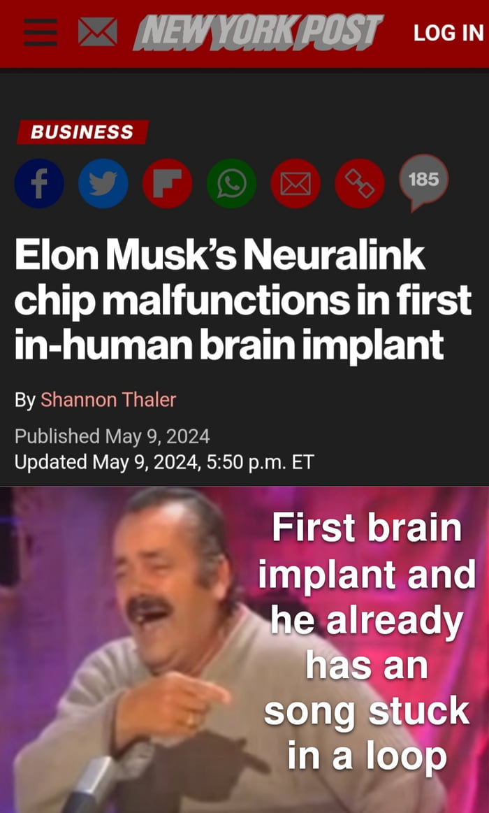 His brain is probably so tired that he can't give order to the brain chip xD - 9GAG