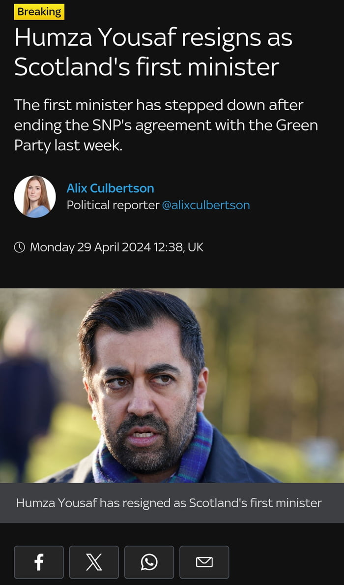 Humza Yousaf steps down as Scotland's first minister. - 9GAG