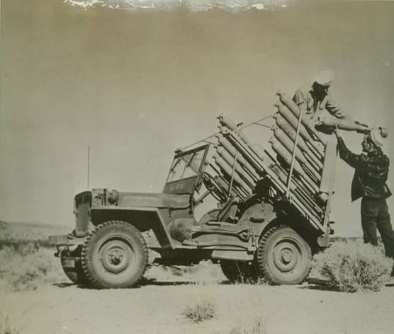 A baby Katyusha - a Jeep fitted with launchers for 4.5 inch beach ...