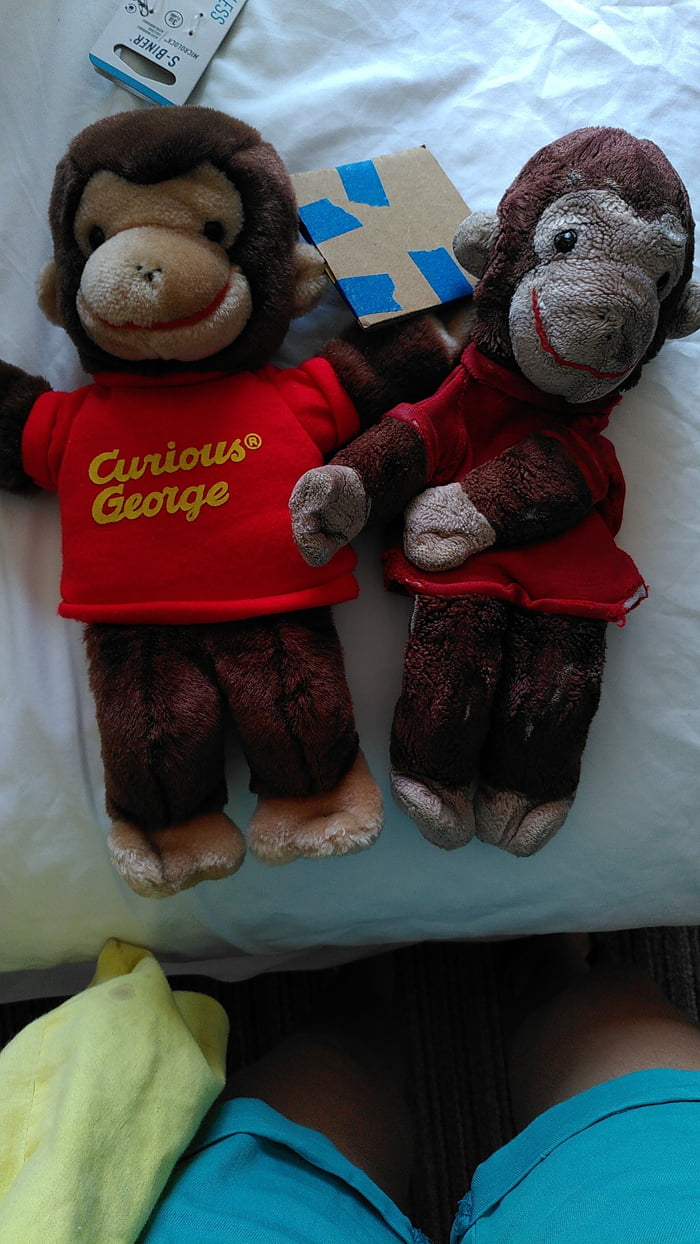 On the left, a brand new 1991 Curious George hand puppet. On the right ...