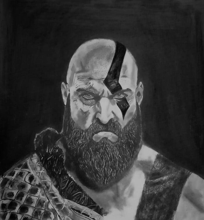 Just finished. Pencil and chorcoal Kratos drawing. God of war ps4. - 9GAG