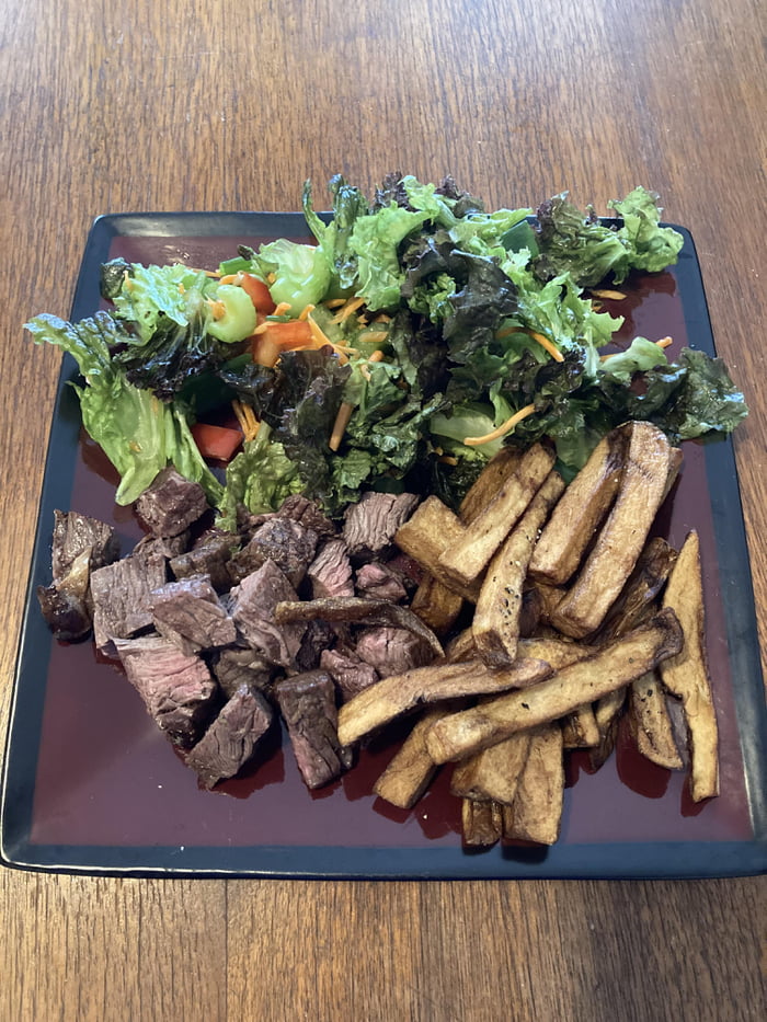 Steak Frites with sirloin tips marinated in lemon, garlic, rosemary ...