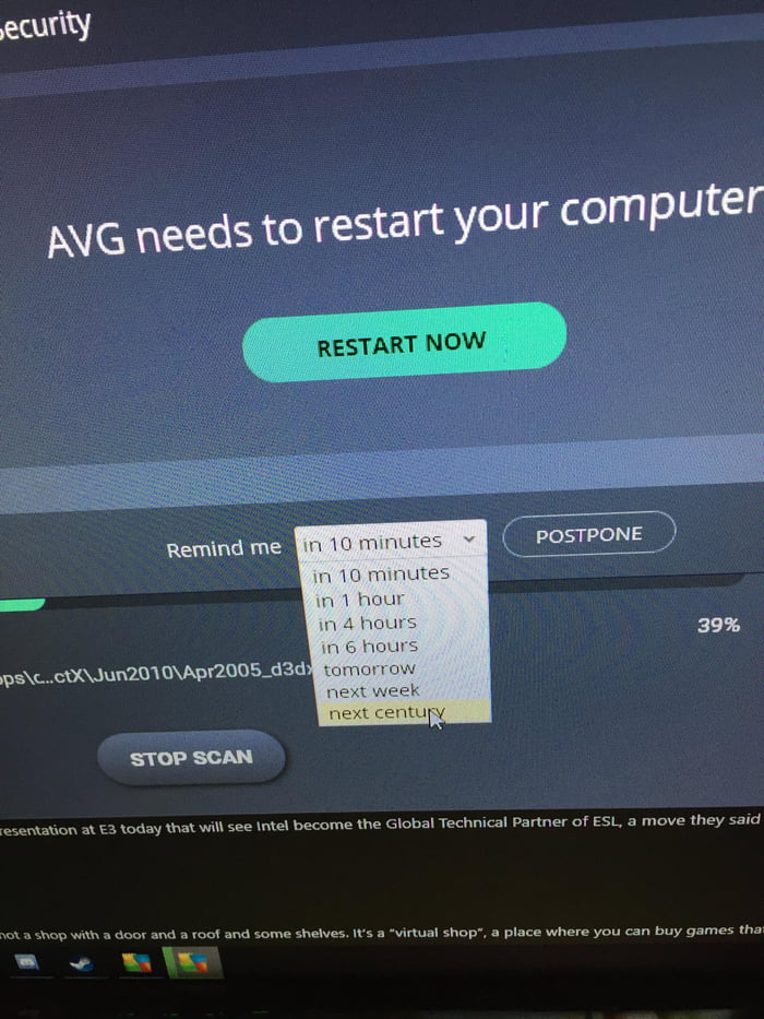 AVG gives the option to remind you to restart your computer next ...