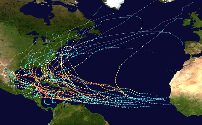 Here is a storm track map of all recorded Category 5 hurricanes in the ...