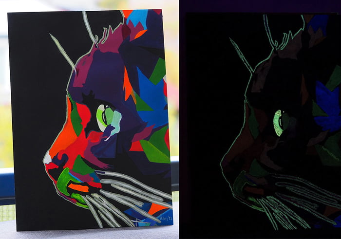 Painted this for fun, an angular cat that glows in the dark a bit too ...