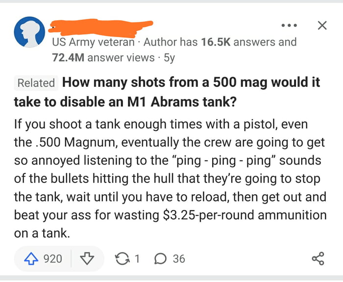 How many shots from a 500 mag would it take to disable an M1 Abrams tank? - 9GAG