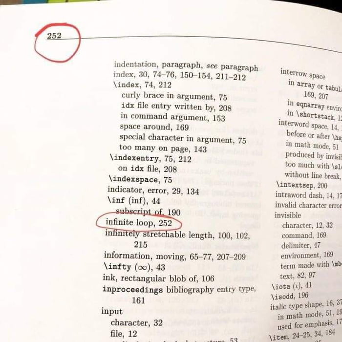 Software book index references the same page for "infinite loop" - 9GAG