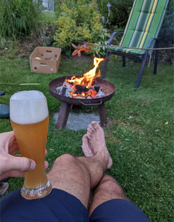 Hope this counts, homebrewed weißbier and bonfire. Prost from Australia ...