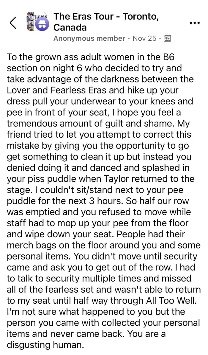 Grown ass woman peeing at her seat at the Taylor Swift concert. - 9GAG