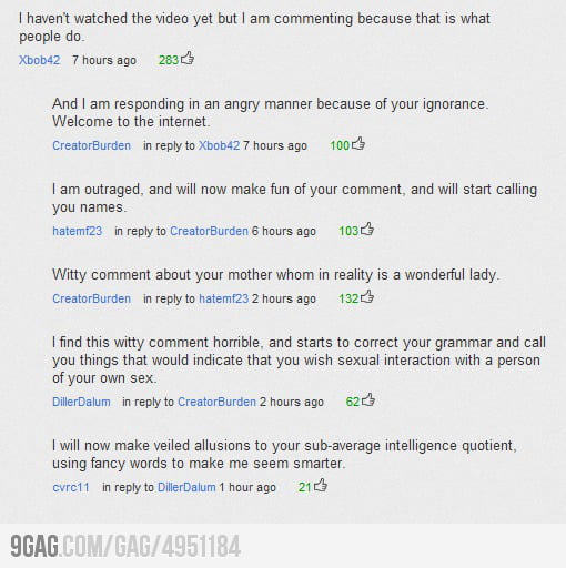 Screenshot of a comment section on 9GAG, taken on August 6, 2012, which ...