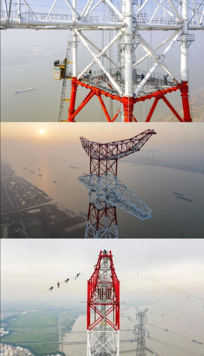 Workers on the tallest electricity pylon on earth, this structure has a ...
