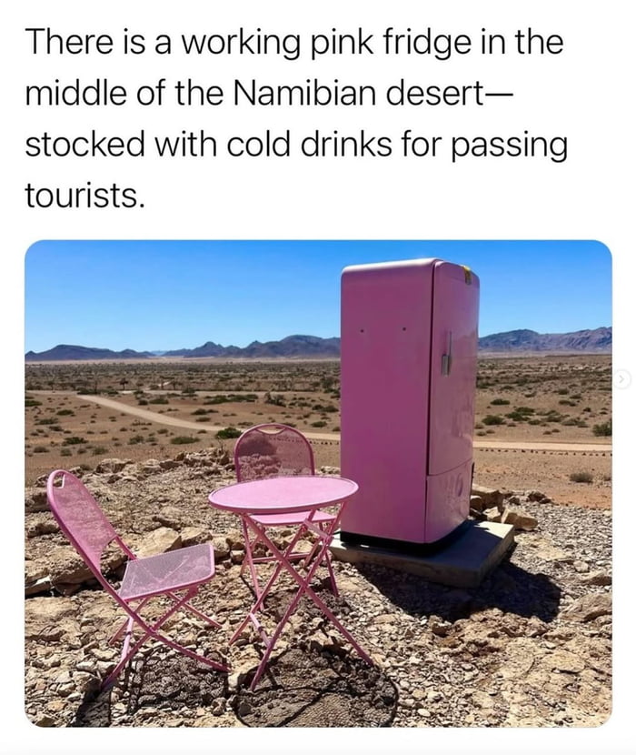 A pink fridge stands ready in the vast Namibian desert, offering a cool ...