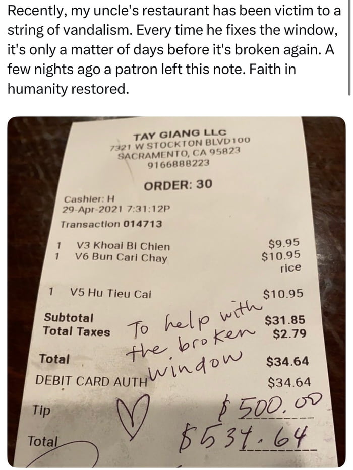 A customer left a $500 tip to help a restaurant owner repeatedly targeted by vandals. Faith in ...