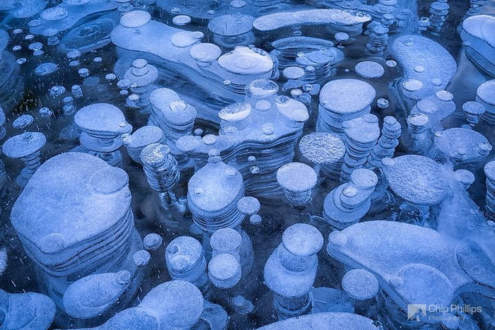 Frozen methane gas bubbles under the ice in Abraham Lake, Canada - 9GAG