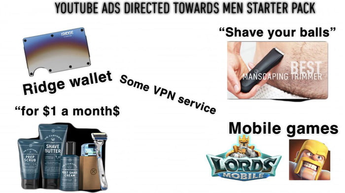 YouTube ads directed towards men starter pack - 9GAG