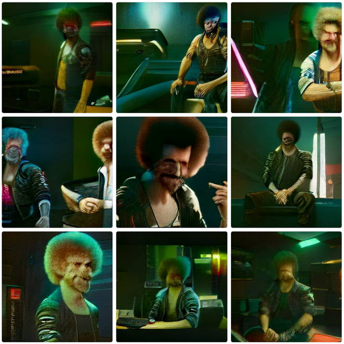 DALL-E mini render of: "bob ross cyberpunk 2077" - 9GAG