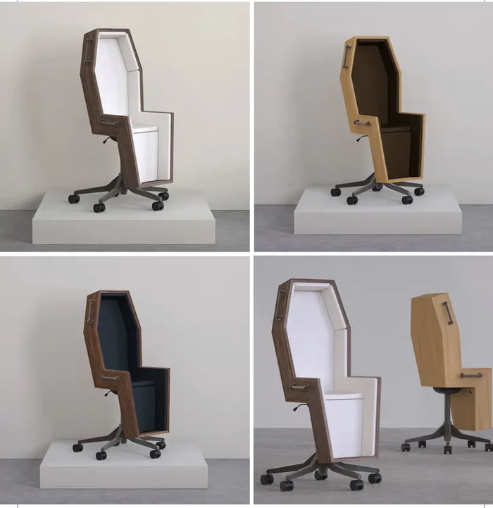 Coffin shaped chair designed for over work culture. - 9GAG