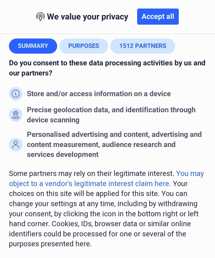 We value your privacy and no option for reject all while 1512 partners ...