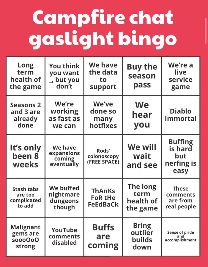 Campfire gaslight bingo sheet - 9GAG
