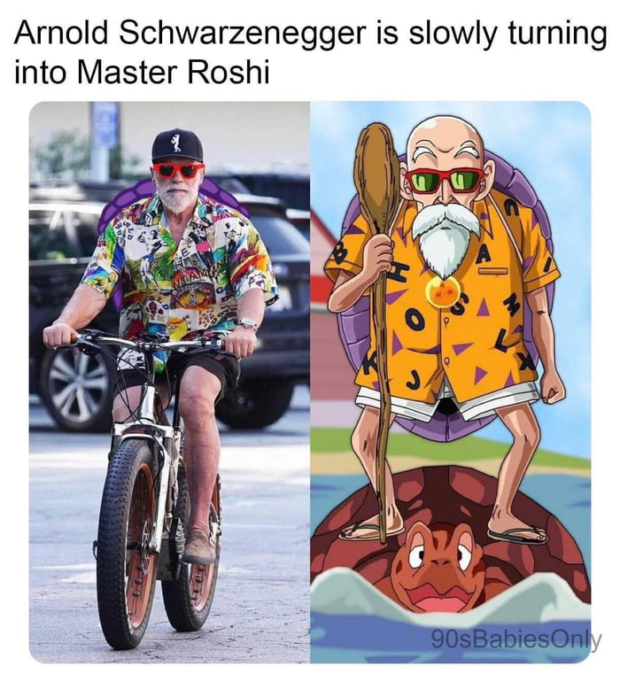 Arnold Schwarzenegger is slowly turning into Master Roshi - 9GAG