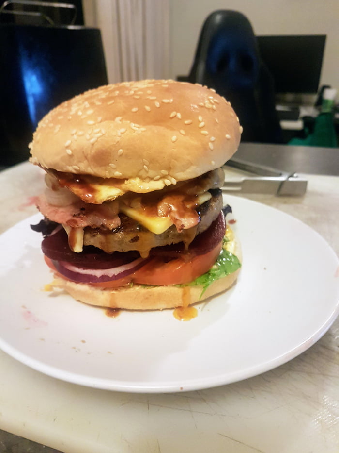 Aussie burger with 'The Works'. From the bottom up, toasted bun, dijon ...