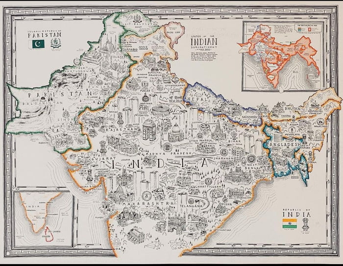 A map of South Asian countries with popular monuments and buildings. - 9GAG