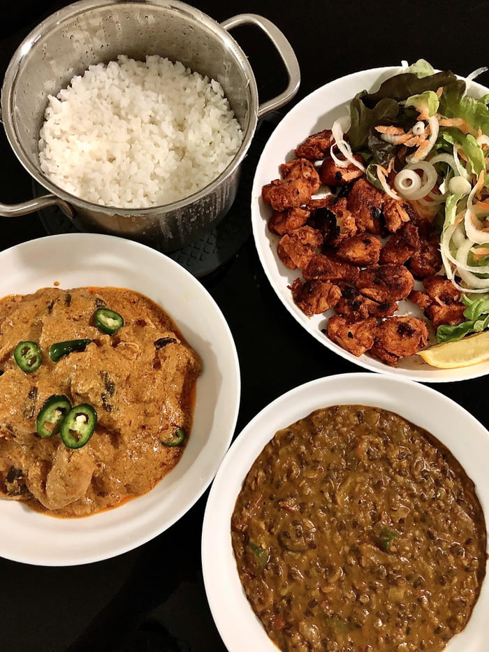 Pantry chicken curry, fish tikka, dhal makhani, rice - 9GAG