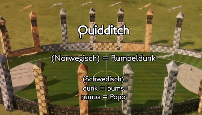 Quidditch. Norwegian = Rumpeldunk. Swedish: dunk = bang. rumpa = butt ...