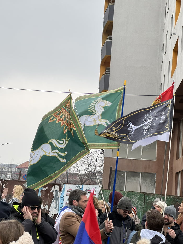 The flags of Gondor and Rohan at the anti-corruption protest at ...