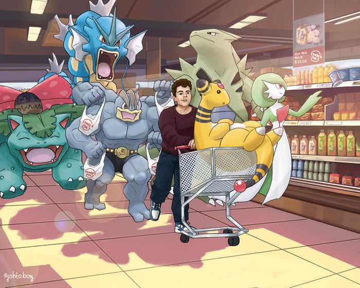 Commission for a trainer with his team buying groceries, What Pokémon ...