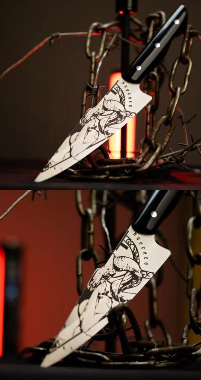 Kitchen knife with a Baphomet theme. Handle - stabilized bog oak - 9GAG