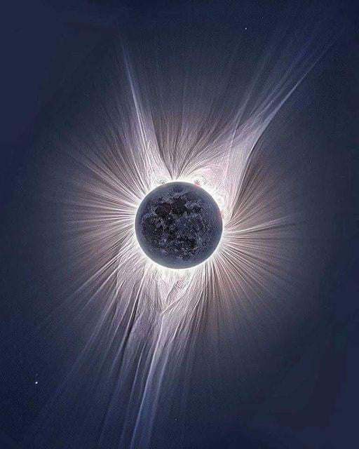 Solar Eclipse with the rays separated to show as big beams. There is a ...