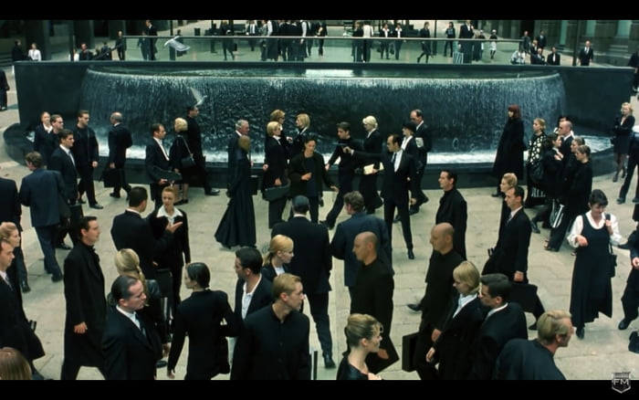In The Matrix (1999) "Woman in the red dress" scene, most of the extras ...