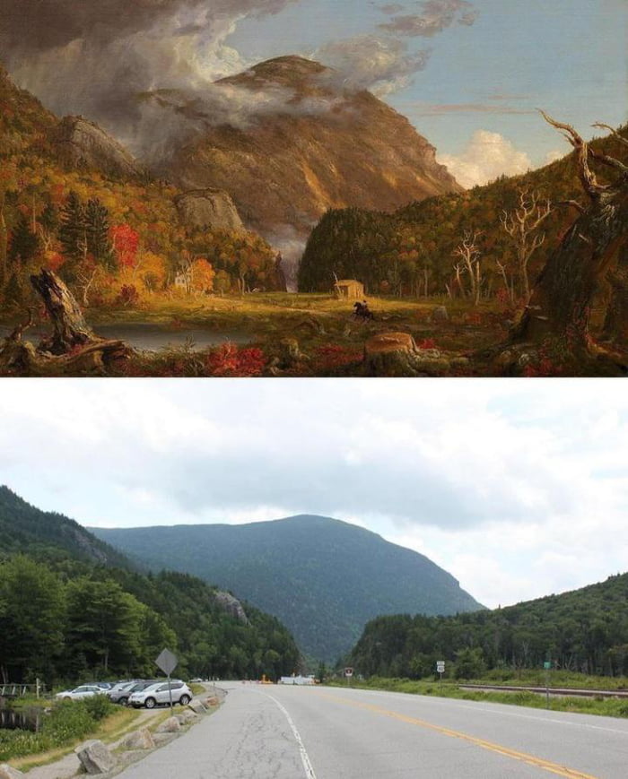 Crawford Notch in New Hampshire. An 1839 painting by Thomas Cole vs a ...
