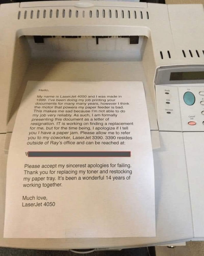 This “retirement” note from a printer - 9GAG