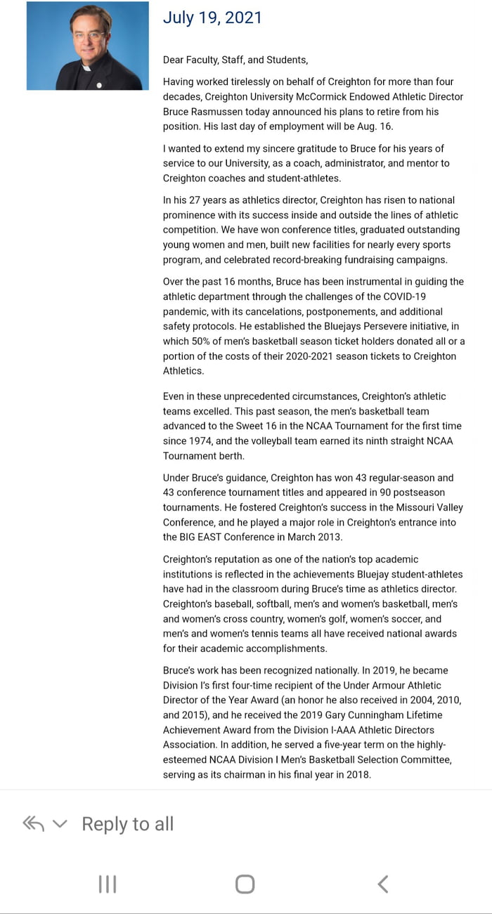 Creighton AD Bruce Rasmussen retires after 27 years - 9GAG