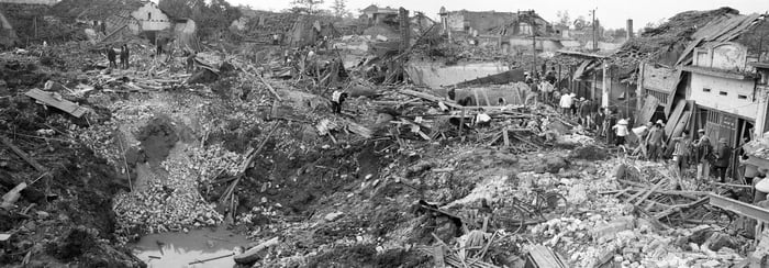 Aftermath of carpet bombing on a densely populated area in the capital ...