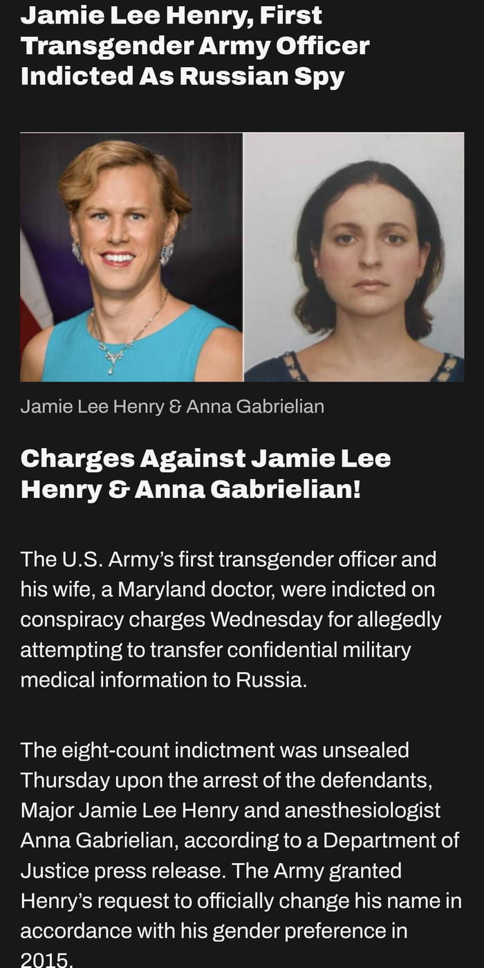 Jamie Lee Henry, First Transgender Army Officer Indicted as Russian Spy - 9GAG