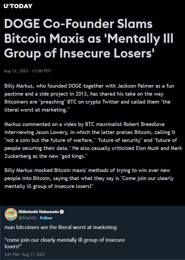 Dogecoin co-founder slams bitcoin maxis as "mentally ill group of ...