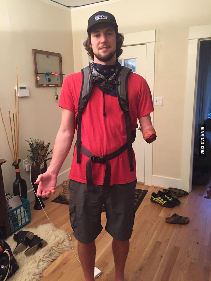 One armed guy is dressing up as the guy from 127 Hours. Pants are shat ...