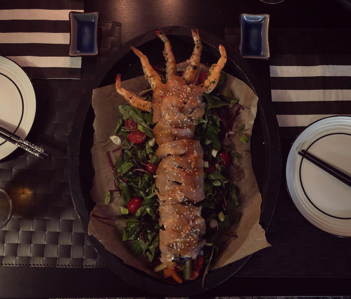 ‘Beetlejuice’ dinner party scene shrimp hand (large teriyaki salmon ...