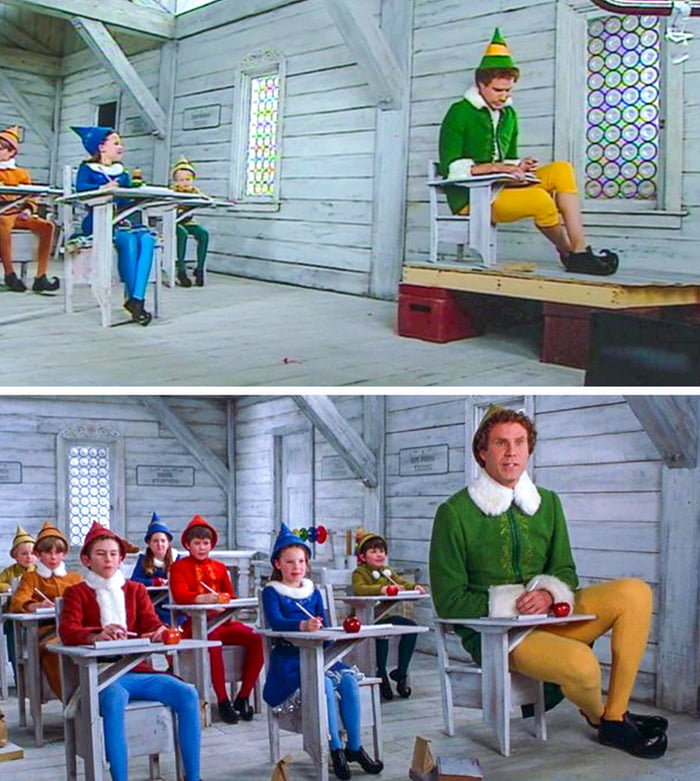 Images showing how forced perspective was used to film Will Ferrell in Elf. - 9GAG